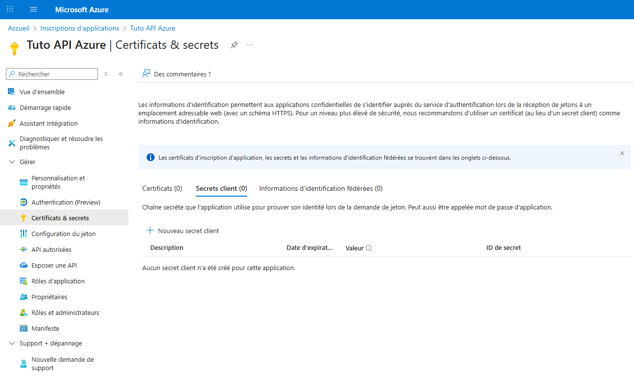 Créer une application Azure pour utiliser l'API Microsoft Graph