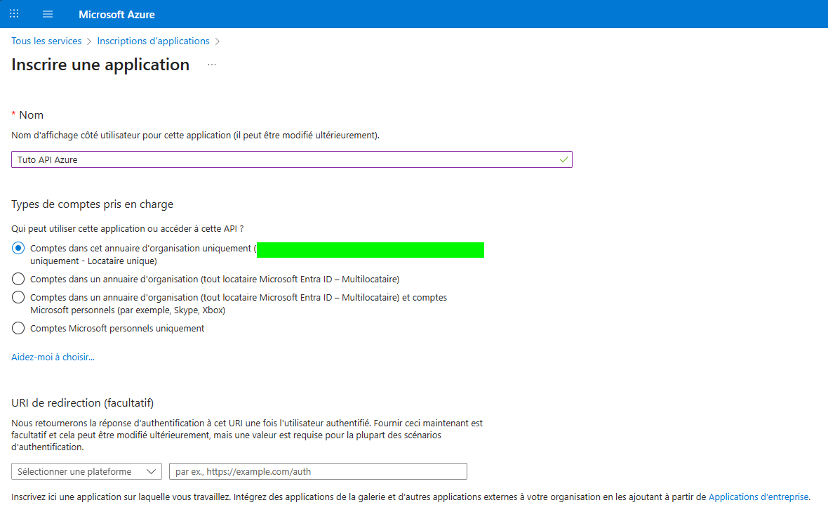 Créer une application Azure pour utiliser l'API Microsoft Graph